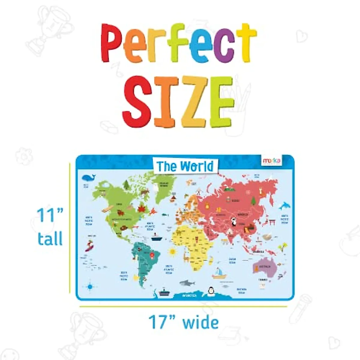 merka Kids Placemat Kids World Map Kids Placemats for Dining Table World Atlas Map Countries Continents and Oceans Non-Slip Reusable Placemats