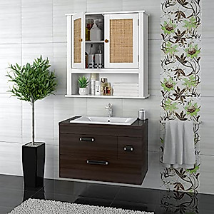 Finnhomy Bathroom Cabinet Wall Mounted, Bathroom Wall Cabinet with 2 Hand Made Rattan Doors and Adjustable Shelves, Over The Toilet Storage Cabinet, Medicine Cabinet for Bathroom Kitchen Laundry Room