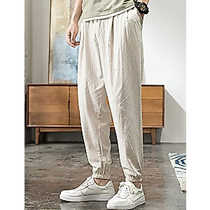Zontroldy Men's Pants Cotton Linen Yoga Golf Beach Jogger Sweat Lounge Harem Pants Trousers(0009-Khaki1-XL)