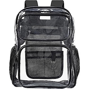 F-color Clear Backpack Heavy Duty - Large Clear Backpacks for School PVC Transparent Bookbag with Multipockets for Students Work, Black