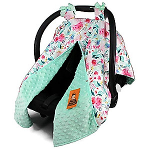 Dear Baby Gear Baby Car Seat Canopy Cover, Floral Watercolor Roses in Shades of Pink, Mint Minky