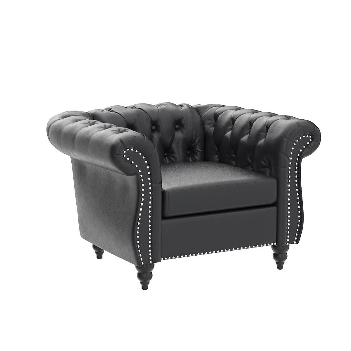 FOKWE Chesterfield Chair Leather, Upholstered Single Sofa Chair, Accent Comfy Club Armchair with Rolled Arms and Nailhead for Living Room, Bedroom (Black)