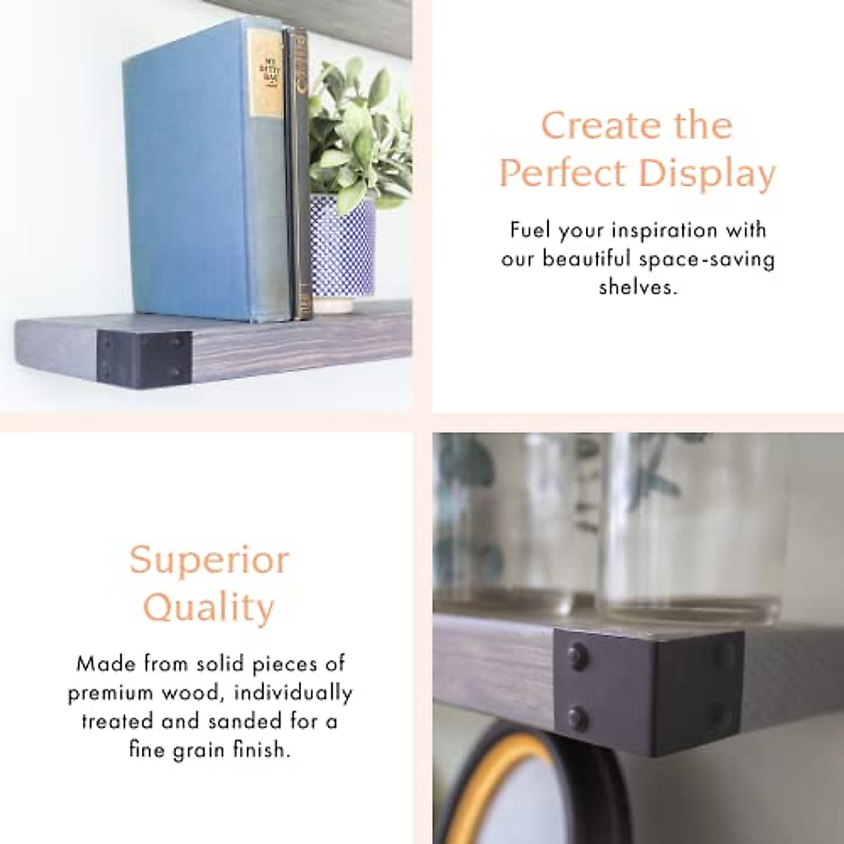 Willow & Grace Designs Modern Rustic Wooden Easily Mounted Floating Wall Shelves for Home Living Rooms and Bedrooms, Rustic Gray, 24 Inch, (Set of 2)