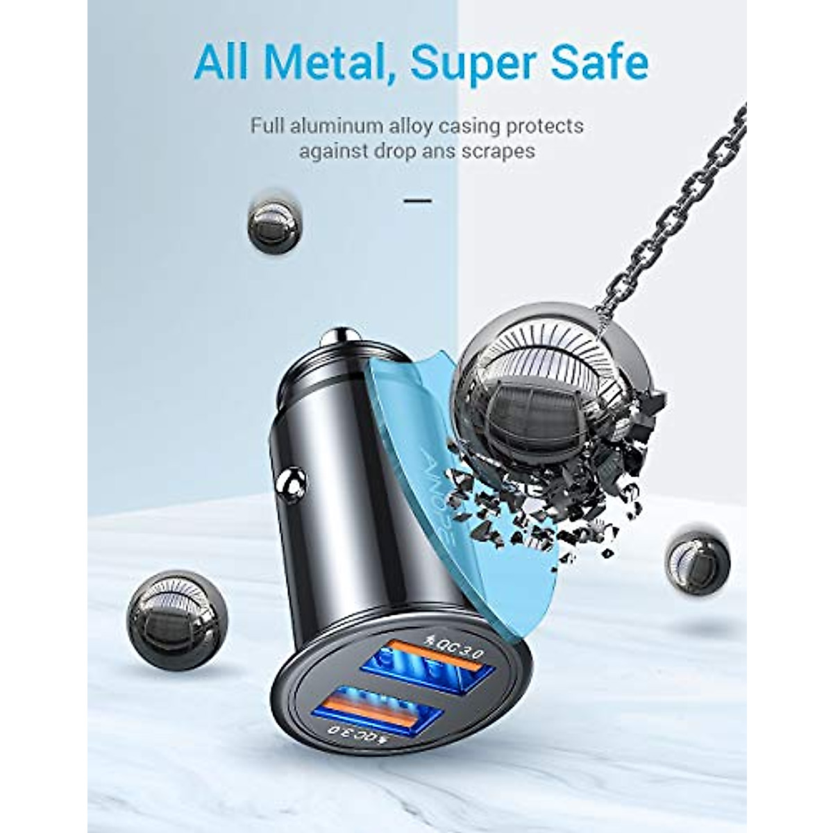 USB Car Charger Adapter AINOPE Fast Car Charger Fast Charge Cigarette Lighter USB Charger 36W All Metal Mini Quick Charge Compatible with iPhone 14/13/12/11 pro/11/ x/8, Note 9/20 Galaxy S23/S10/S9