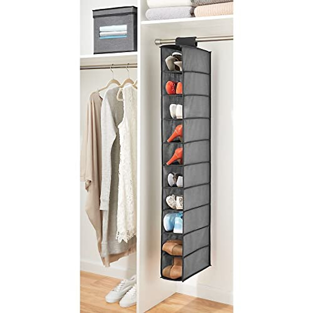 mDesign Soft Fabric Closet Organizer - Holds Shoes, Handbags, Clutches, Accessories - 10 Shelf Over Rod Hanging Storage Unit - Textured Print - Charcoal Gray/Black