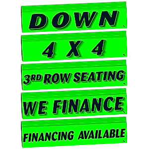 Versa Tags Windshield Slogan Stickers 12 Pack Each of Down, 4X4, 3RD Row Seating, WE Finance, FINANCING Available (60) Window Stickers Total Dealership Stickers Black On Green