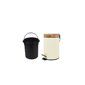 L-Line Way Small Bathroom Trash can with Pedal,Eco Friendly Bamboo lid Soft Close,0.8 Gal/3L .Beige Steel with Removable Inner bin.Strong &Anti Skid Pedal.Color Box.Unique & Boutique Style