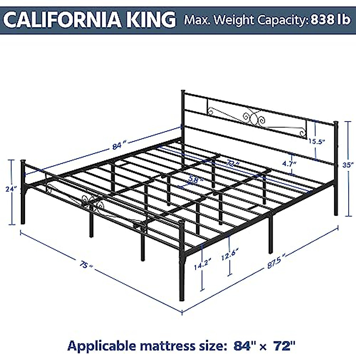 Yaheetech California King Bed Frames Metal Platform Bed with Headboard and Footboard for Bedrooms No Box Spring Needed Easy Assembly,Ground Clearance: 12.6"/Black/California King Bed