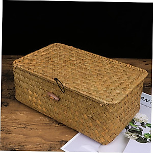 Garneck Rattan Storage Bins 2pcs Bin Storage Organizer Storage Bins with Lids Straw Basket with Lid Makeup Drawer Woven Basket Small Rattan Storage Organizer