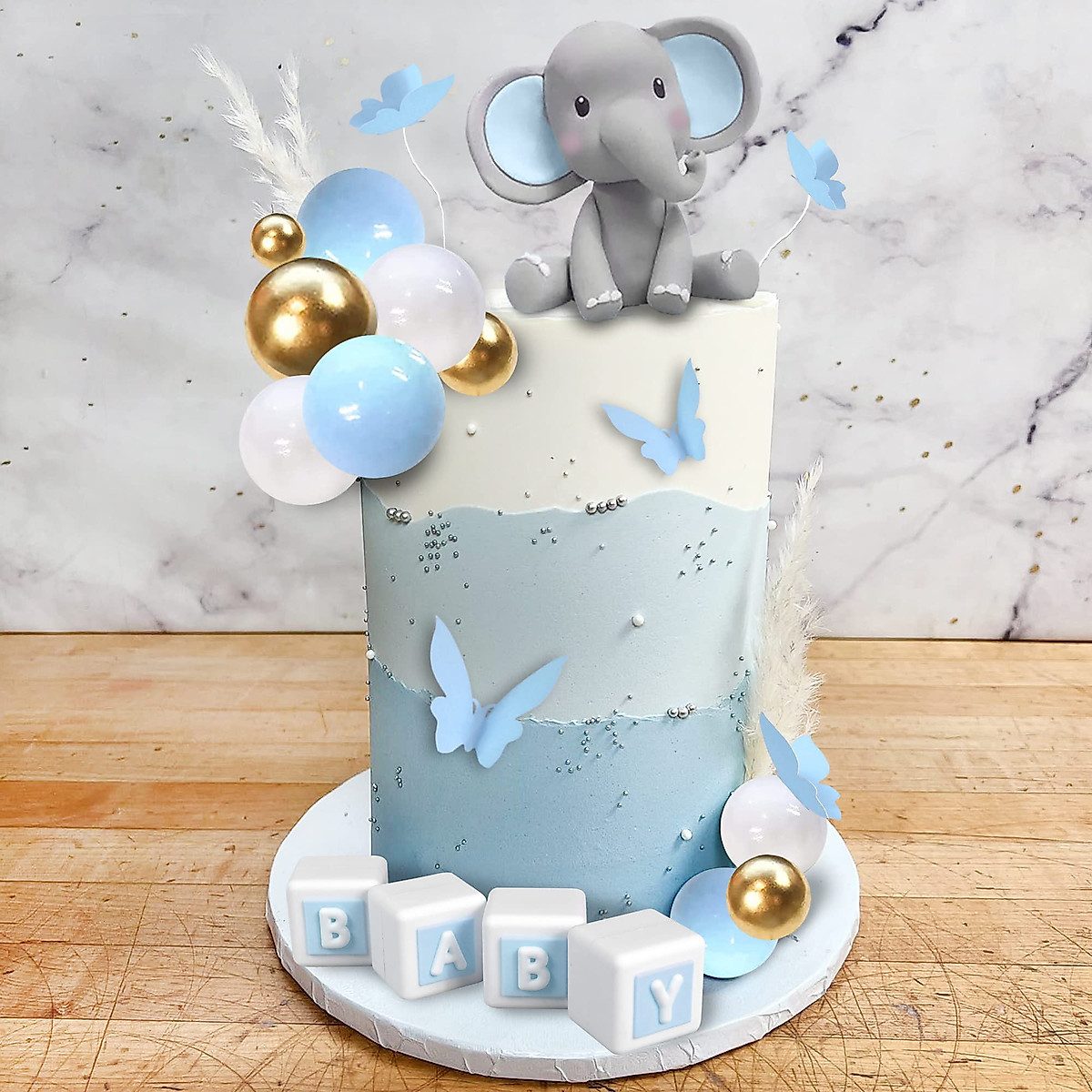 Elephant Cake Decoration Mini Elephant Cake Topper Blue BABY Letter Cake Toppers Gold Blue White Pearl Ball for Baby Shower Boy Elephant Theme Birthday Party Supplies (BLUE)