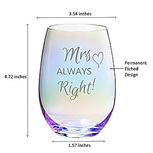 Valentines Day Gifts for Lesbian, Mrs Right Mrs Always Right Engraved Rainbow Wine Glasses Wedding Gifts Set for Lesbian Gay Couple