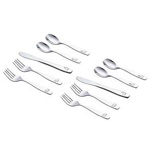 ANNOVA Kids Silverware 10 Pieces Children's Safe Flatware Set Stainless Steel - 4 x Forks, 4 x Dinner Spoons, 2 x Safe Knife Toddler Utensils, Metal Cutlery for Lunchbox (Engraved Dinosaurs)