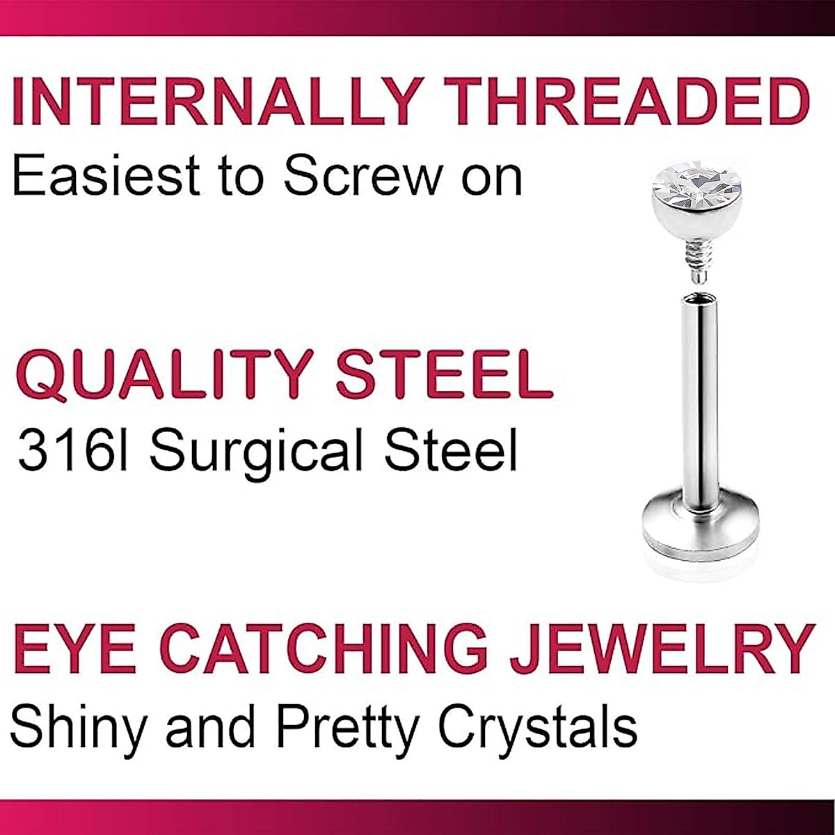 bodyjewellery 3pcs 16g 5/16 Labret Stud Lip Ring Snake Bite Conch Forward Helix Monroe Tragus Dahlia Marilyn Internally Threaded - Clear