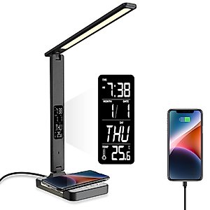 poukaran Desk Lamp, LED Desk Lamp with Wireless Charger, USB Charging Port, Table Lamp with Night Light, Desk Lights with Clock, Alarm, Date and Temperature, Black