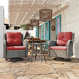 Joyside Outdoor Swivel Rocker Patio Chairs Set of 2 and Matching Side Table - 3 Piece Wicker Patio Bistro Set with Premium Fabric Cushions(Brown/Red)
