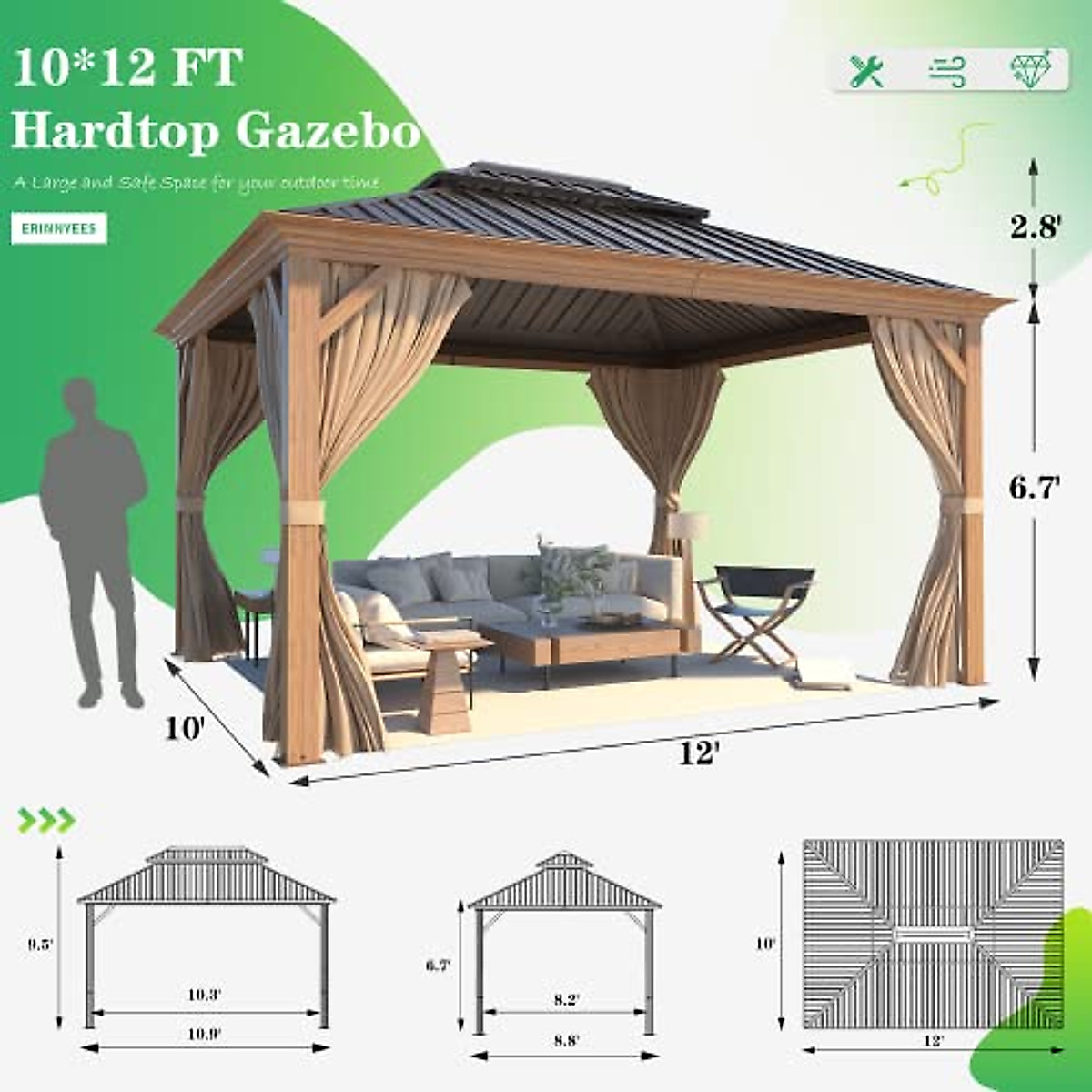 Erinnyees 10' X 12' Aluminum Wood Grain Hardtop Gazebo, Outdoor Aluminum Double Roof with Privacy Curtain and Mosquito Net for Patio, Garden, Lawn Deck (Wood Looking)