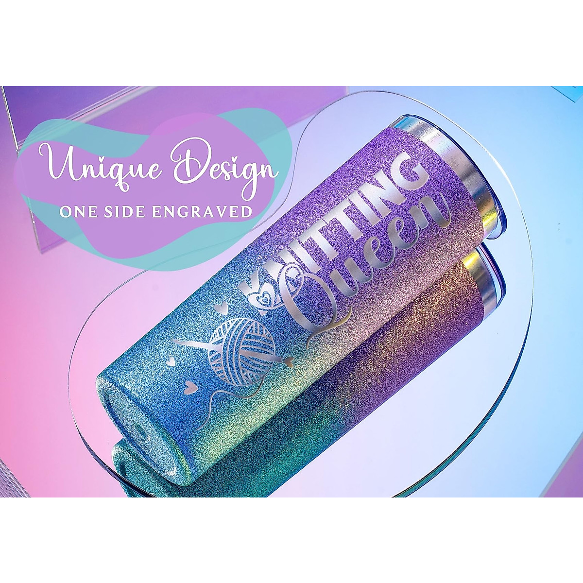 Onebttl Knitting Gifts for Women, Crochet Lovers - Knitting Queen - 20oz/590ml Stainless Steel Insulated Tumbler with Straw & Lid, Crochet Gift for Birthday, Christmas (Glitter Purple Blue)