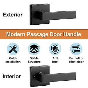 AEEKEL Matte Black Door Handle Interior Door Knob Passage Levers Set (No Lock), 6 Pack Heavy Duty Door Handle for Hall or Closet, Keyless Door Levers for Left Right Handle Doors