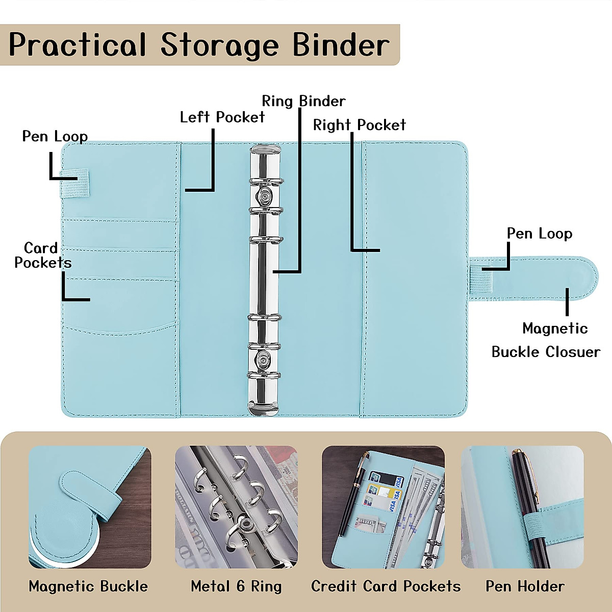 Antner Budget Binder with Zipper Cash Envelopes and Expense Sheets for Money Saving Binder, Savings Challenges to Save $500, 1,000, 10,000, A6 Budget Planner Book Money Organizer for Cash, Mint Blue