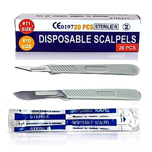 MedHelp - Disposable Scalpel 10 and 11, Pack of 20 Dermaplaning Blades w. Plastic Handle, Surgical Knife Scalpel, Dermablade Surgical Blades Individually Wrapped 10x10 Blade and 1x11 Blade, Sterile