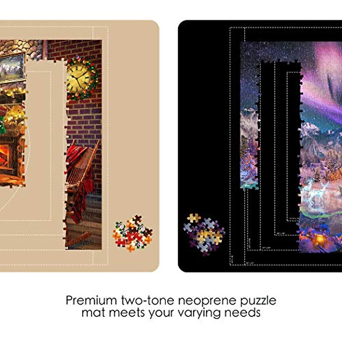 LAVIEVERT Jigsaw Puzzle Mat Roll Up, Double-Sided Neoprene Puzzle Roll Mat, Portable Puzzle Board Keeper Saver with Auxiliary Line & Storage Bag for Up to 1500 Pieces - Black & Khaki