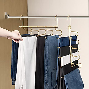 Pants Hangers Space Saving, Aluminum Alloy 5 Layers 2 Uses Pants Rack, Magic Pants Hanger Rack, Multi Functional Pants Rack Wardrobe Organizer Racks for Clothes Trousers Scarves Ties (2 pcs Gold)