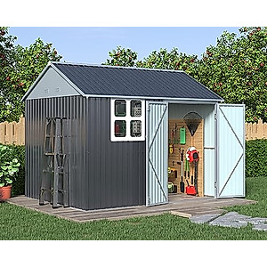 VanAcc 10x8x8 FT Outdoor Storage Shed - Nordic Cottage Shed 4-pane Window Metal Garden House Double Lockable Hinged Doors for Backyard Garden Patio Lawn Dark Grey/White