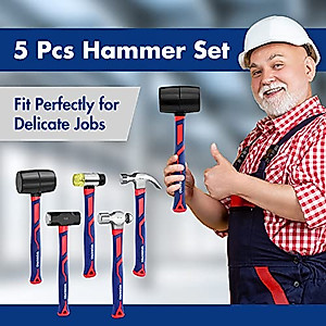 WORKPRO 5-Piece Hammer Set, Forged & Polished Steel Head, Fiberglass Handle, 32oz Rubber Mallet | 16oz Claw Hammer | 3lb Sledge Hammer | 16oz Ball Peen Hammer | 22oz Double-Faced Mallet