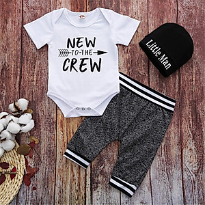 Tikoubabe Baby Boy Clothes Stuff Infant Summer 3 Piece Outfits Newborn Cute Letter Printed Romper Short Sleeve + Pants + Hat New To The Crew White Grey 0-3 Months 70CM