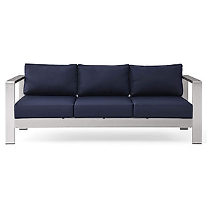 Modway Shore Aluminum Metal Outdoor Patio Sofa With Silver Navy All-Weather Cushions