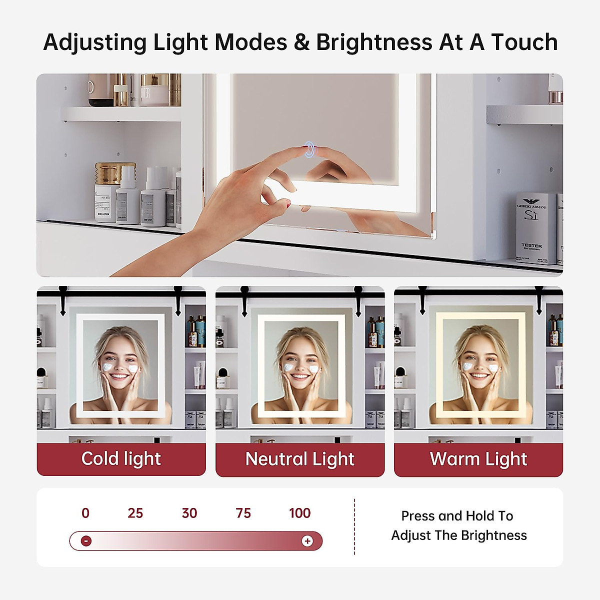 MXV 42" Large Vanity Desk with LED Lighted Mirror & Power Outlet, Makeup Vanity Table with Drawers & Cabinet, Make Up Vanity Desks, Movable Mirror, 3 Lighting Modes, for Bedroom, White