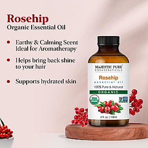 Majestic Pure Organic Rosehip Oil | USDA Organic Oil Rose Hip for Face, Skin, Hair & Massage | Acne Scars & Facial Oil | for Women & Men | 4fl oz