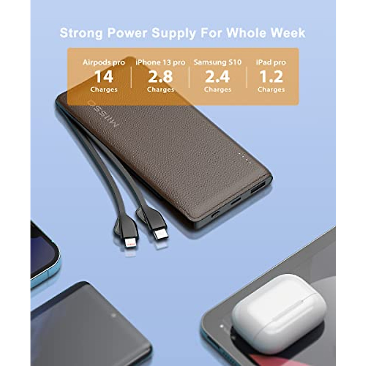 Portable Charger Built in Cable 10000mAh Power Bank Slim External Phone Charger Lightweight Battery Backup Charger Cell Phone Battery Pack Fast Portable Power Pack Compatible with iPhone, Android