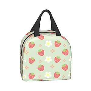 Ucsaxue Green Strawberry and Flowers Lunch Bag Small Insulated Lunch Box with Front Pocket Aesthetic Lunch Bags for Girls Boys Freezable Bento Box Women Men Lunch Boxes