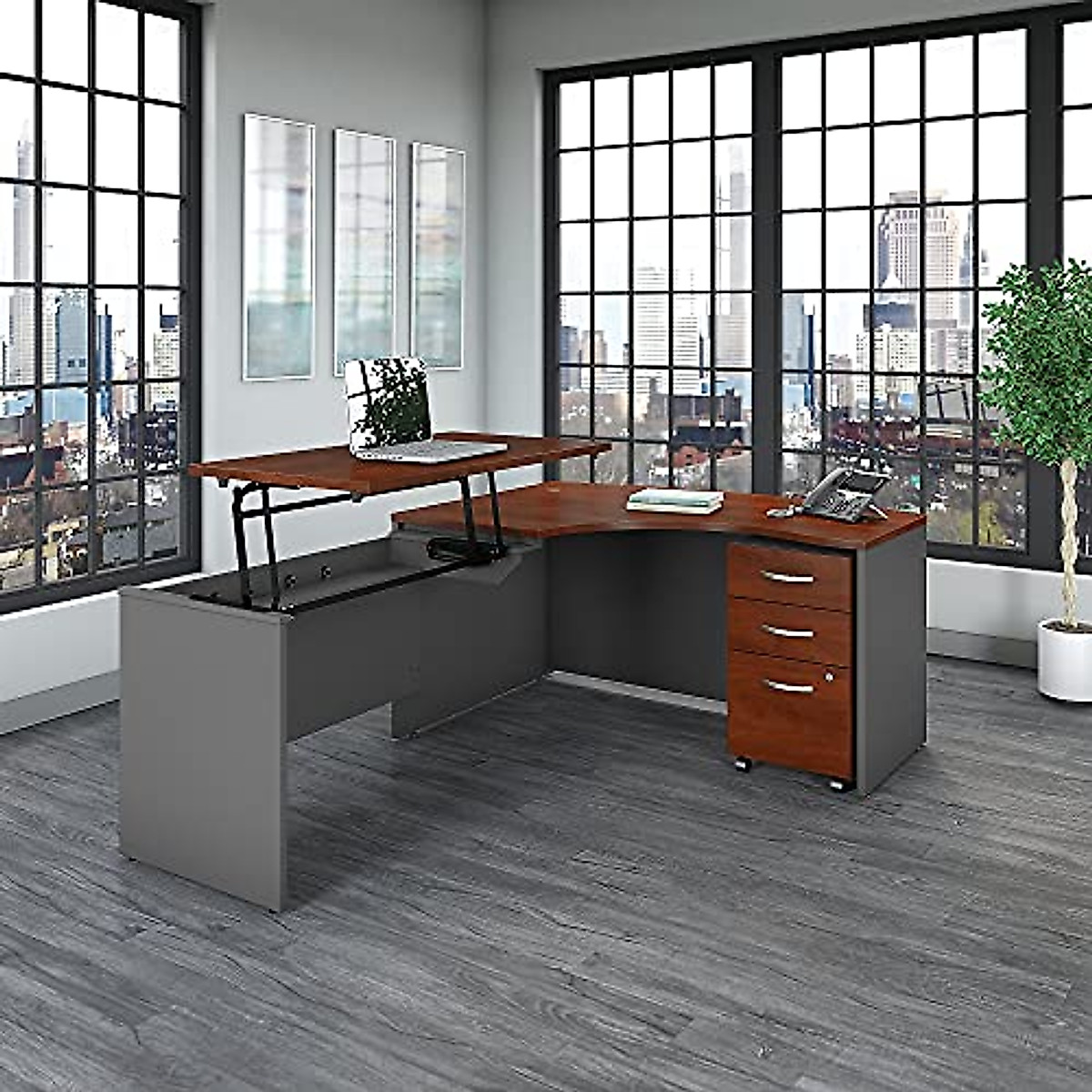 Bush Business Furniture Series C Left Hand 3 Position Sit to Stand L Shaped Desk with Mobile File Cabinet, 60W x 43D, Hansen cherry and Graphite Gray