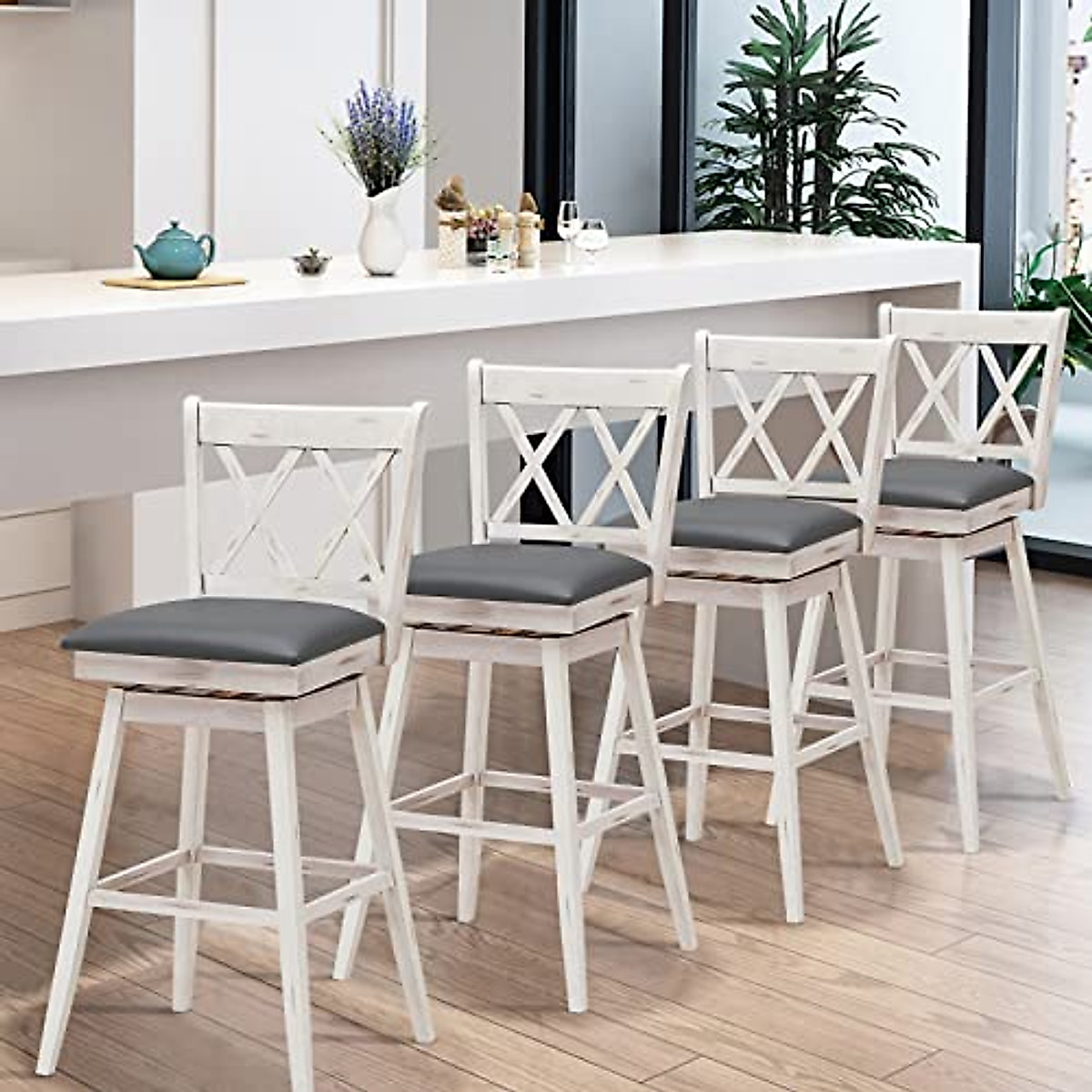 COSTWAY Bar Stool Set of 4, 360 ° Swivel Bar Height 29.5 inch Bar Stool with Foot Rest Upholstered Cushion & Ergonomic Backrest, Sturdy Frame, for Pub, Restaurant, Home (4, Antique White + Grey)