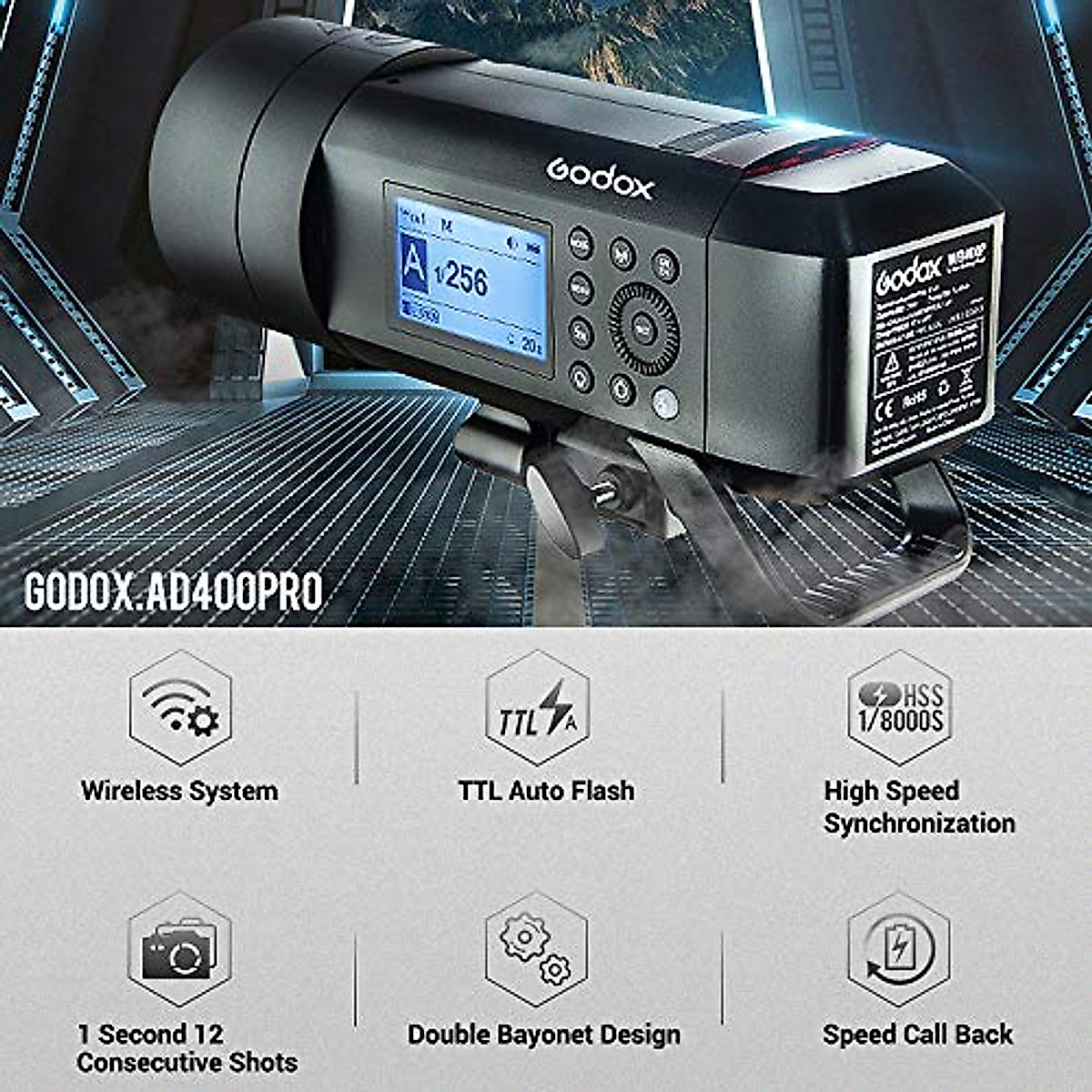 Godox AD400 Pro AD400Pro 400ws GN72 TTL Battery-Powered Monolight, 1/8000 HSS Outdoor Flash Strobe Light, Built-in Godox 2.4G System, 390 Full Power Pops, 0.01-1s Recycle Time, 30w LED Modeling Lamp