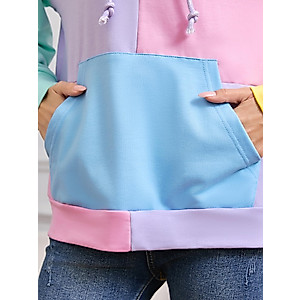 SweatyRocks Women's Cute Color Block Long Sleeve Pullover Hooded Sweatshirts Top Purple Pink M