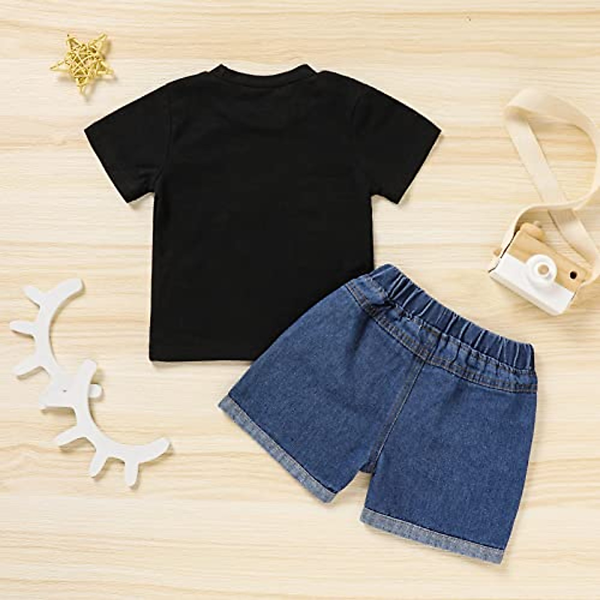 Viworld The Birthday Boy Clothes Baby Boy Short Sleeve Letter Print Shirt Denim Short Pants Cake Smash Outfit Set (Black, 12-18 Months)
