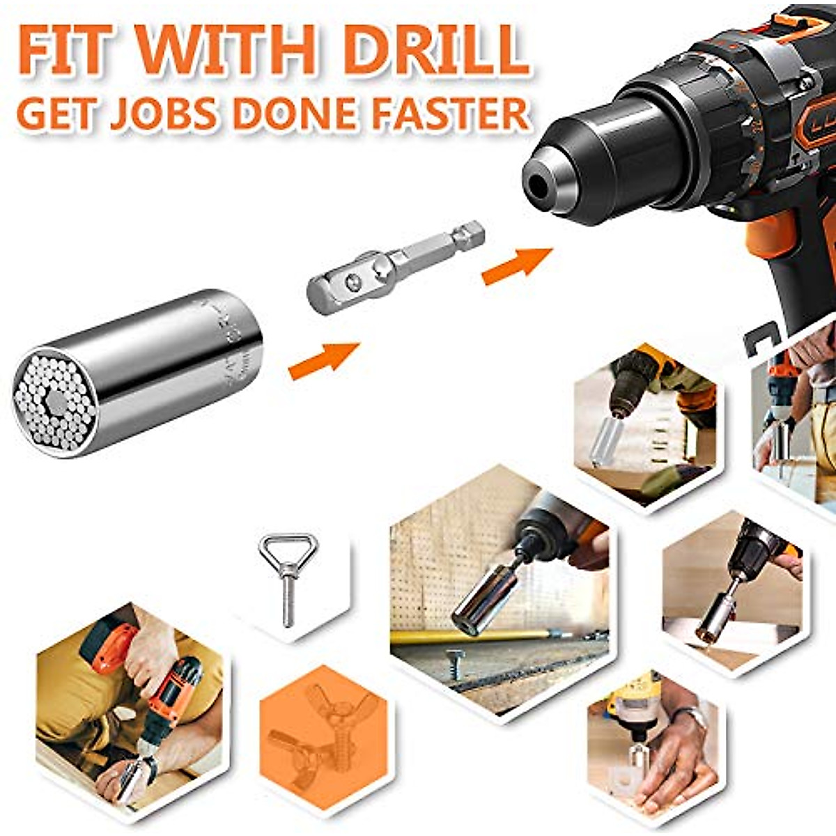 Athlife Universal Socket Wrench Tool Kit 7-19mm Socket Grip Tool Sets with 3/8 Ratchet Wrench Power Drill Adapter Gift for DIY Handyman, Husband, Boyfriend, Dad, Women (Silver)