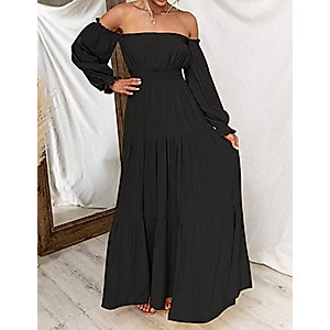 ZESICA Women's 2023 Boho Sexy Off Shoulder Long Sleeve Smocked High Waist Side Split Flowy A Line Tiered Long Maxi Dress,DarkBlack,Large
