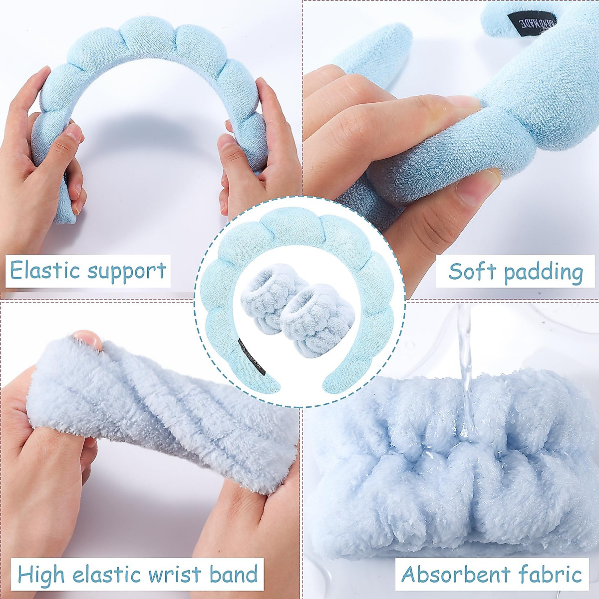 Zkptops Spa Headband for Washing Face Wristband Set Sponge Makeup Skincare Headband Terry Cloth Bubble Soft Get Ready Hairband for Women Girl Puffy Padded Headwear Non Slip Thick Hair Accessory(Blue)