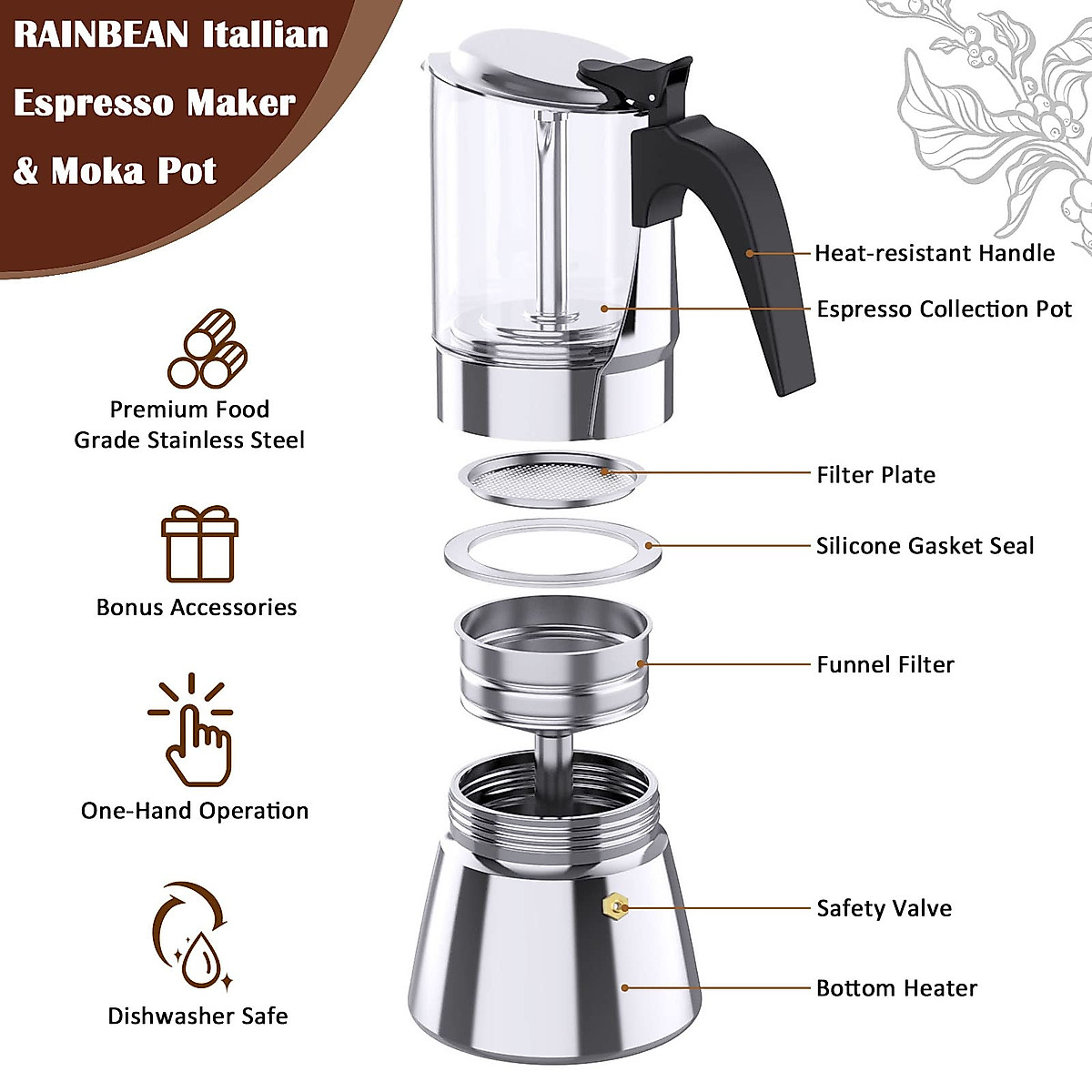RAINBEAN Italian Expresso Maker, Moka Pot, Stovetop Coffee Makers, Stainless Steel Coffee Maker, Suitable for Induction Hob, 240ml/8.5oz/4 cup (espresso cup=50ml)