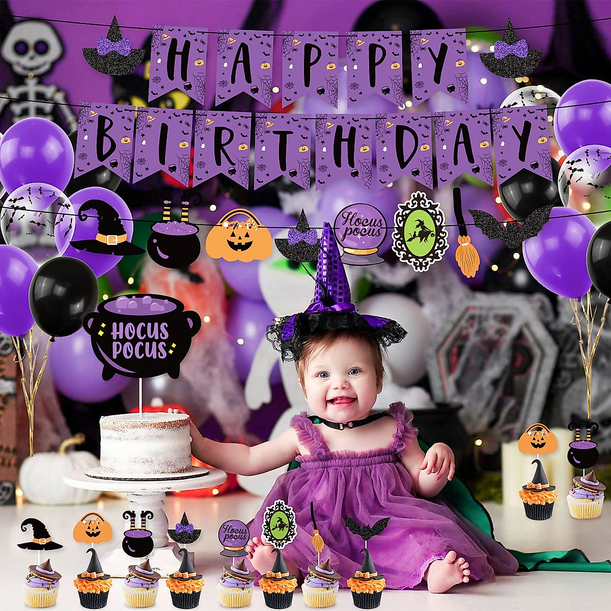 Halloween Birthday Party Decorations, Halloween Witch Party Decorations, Witch Birthday Banner Hocus Pocus Cake Topper Balloons for Halloween Witch Birthday Baby Shower Hocus Pocus Party Supplies