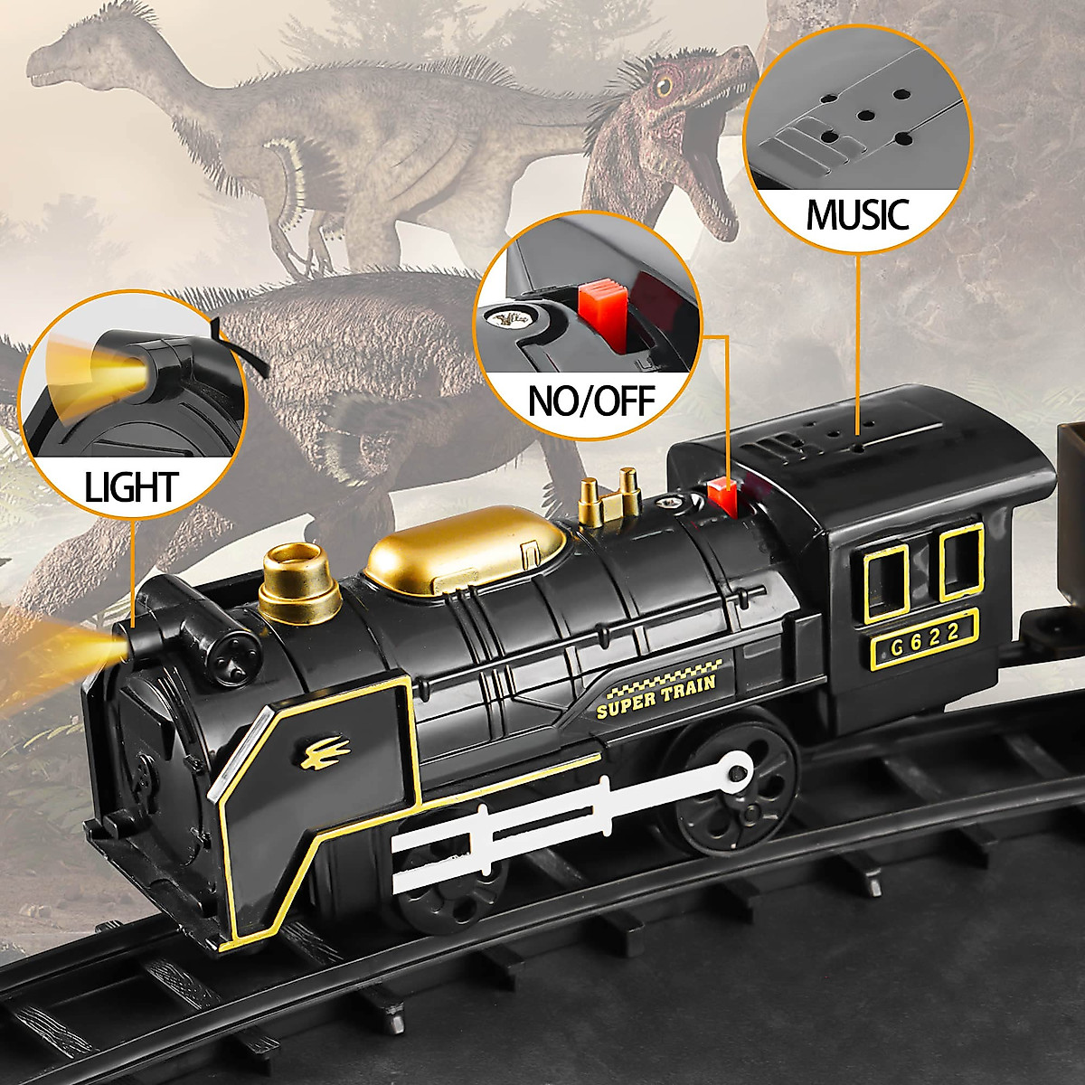 Dinosaur Toys Train Set for Boys with Tracks & 6 Mini Dinosaur Figures, Electric Train Sound & Light, Ideal for Dinosaur Birthday Decorations, Toddler Gift Toys for Kids 3-5 Dino Party Favor Supplies
