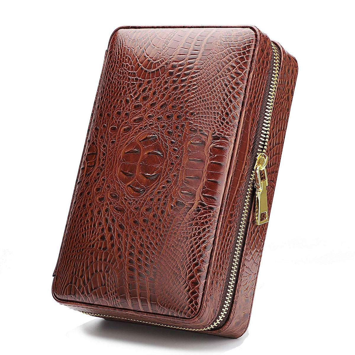 TIME C Club 4-Finger Portable Travel Crocodile Skin-Style Burgundy Leather Cigar Case, Cigar Humidor, Cigar Cutter and Humidifier, Father's Day, Birthday Gift