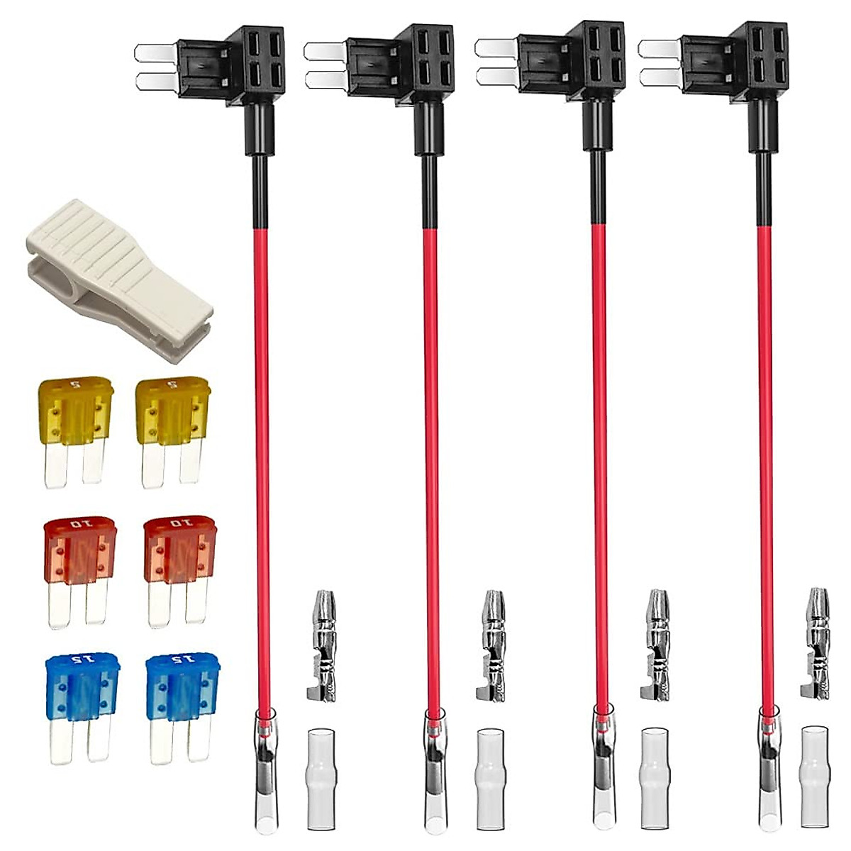 Gebildet 4pcs 12V-24V Add-a-Circuit Micro2 Fuse Tap, Piggy Back Blade Fuse Holder with Wire Harness, 6 pcs Micro 2 Fuse (5A 10A 15A) and Fuse Puller