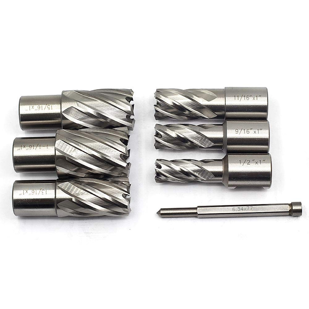 OSCARBIDE Annular Cutter Set 7 Pieces 3/4" Weldon Shank 1"Cutting Depth,1/2 to 1-1/16 inch Diameter,2 Flats Annular Cutters HSS Mag Drill Bits Kit for Magnetic Drill Press with 1 Pieces Pilot Pin
