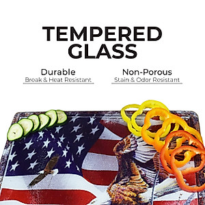 Rivers Edge Products Large 12in x 16in Decorative Tempered Glass Cutting Board, Hypoallergenic, Non Slip, Textured Surface Chopping Board for Kitchen, Bald Eagle and American Flag, American Flag Eagle