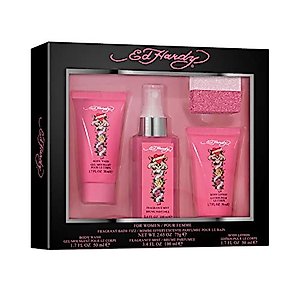Ed Hardy Women's Perfume Fragrance Set, Body Lotion & Wash, Fragrance Mist and Bath Fizz, 4 Piece Bath Set